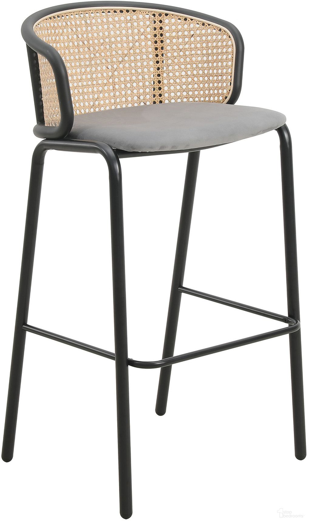 Ervilla Wicker Bar Stool with Fabric Seat and Black Steel Frame In Grey ...