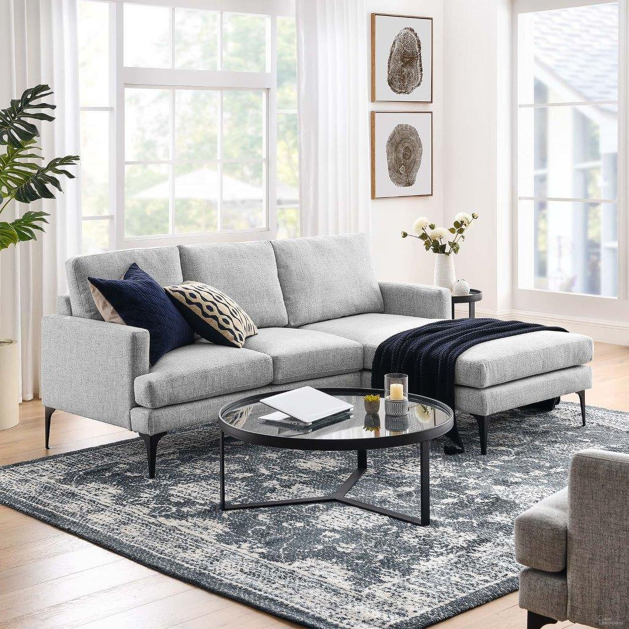 Evermore Right Facing Upholstered Fabric Sectional Sofa In Light Gray ...