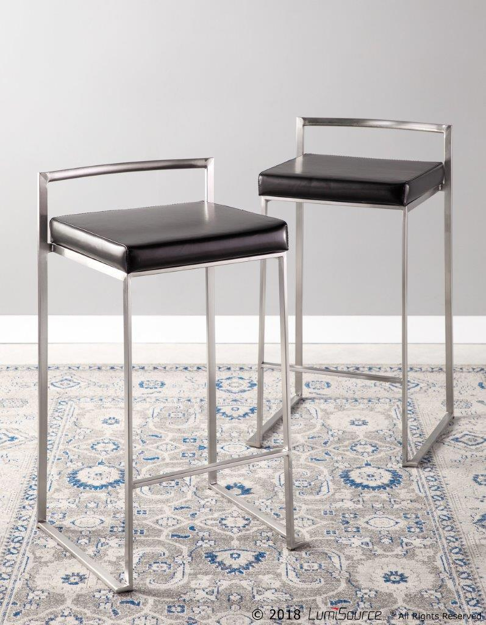 Fuji Contemporary Stackable Counter Stool In Black Faux Leather - Set ...