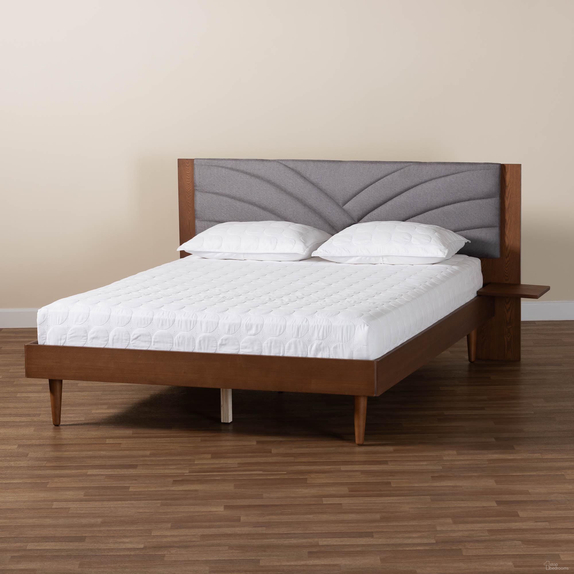 Hemera Wood King Platform Bed with Floating Side Table In Grey Fabric ...