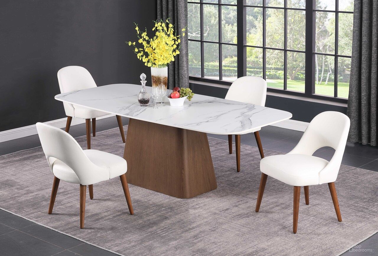 Kenza Marbleized Sintered Stone Top Table with Wooden Base In White and ...