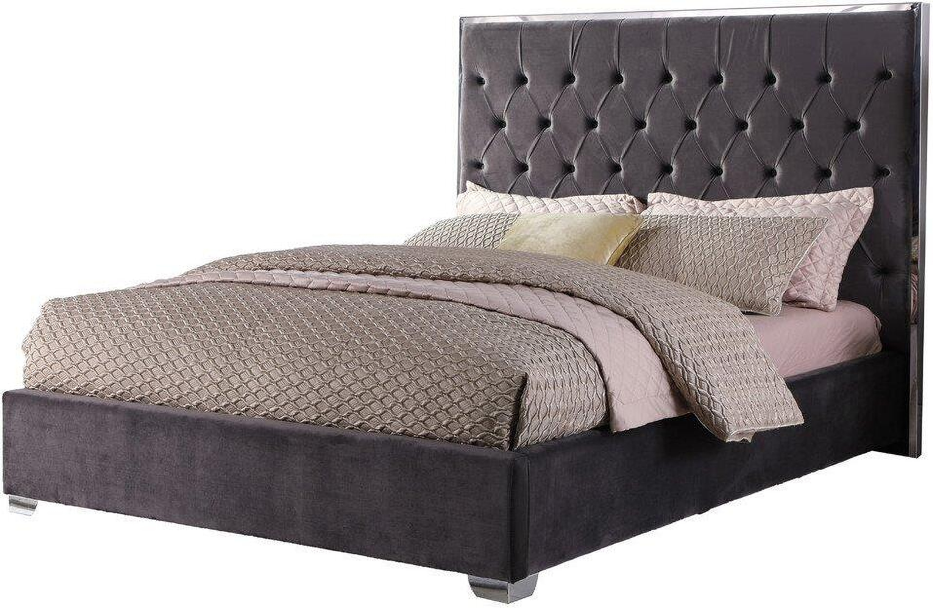 Kressa Velour Fabric Tufted Eastern King Platform Bed In Dark Gray By