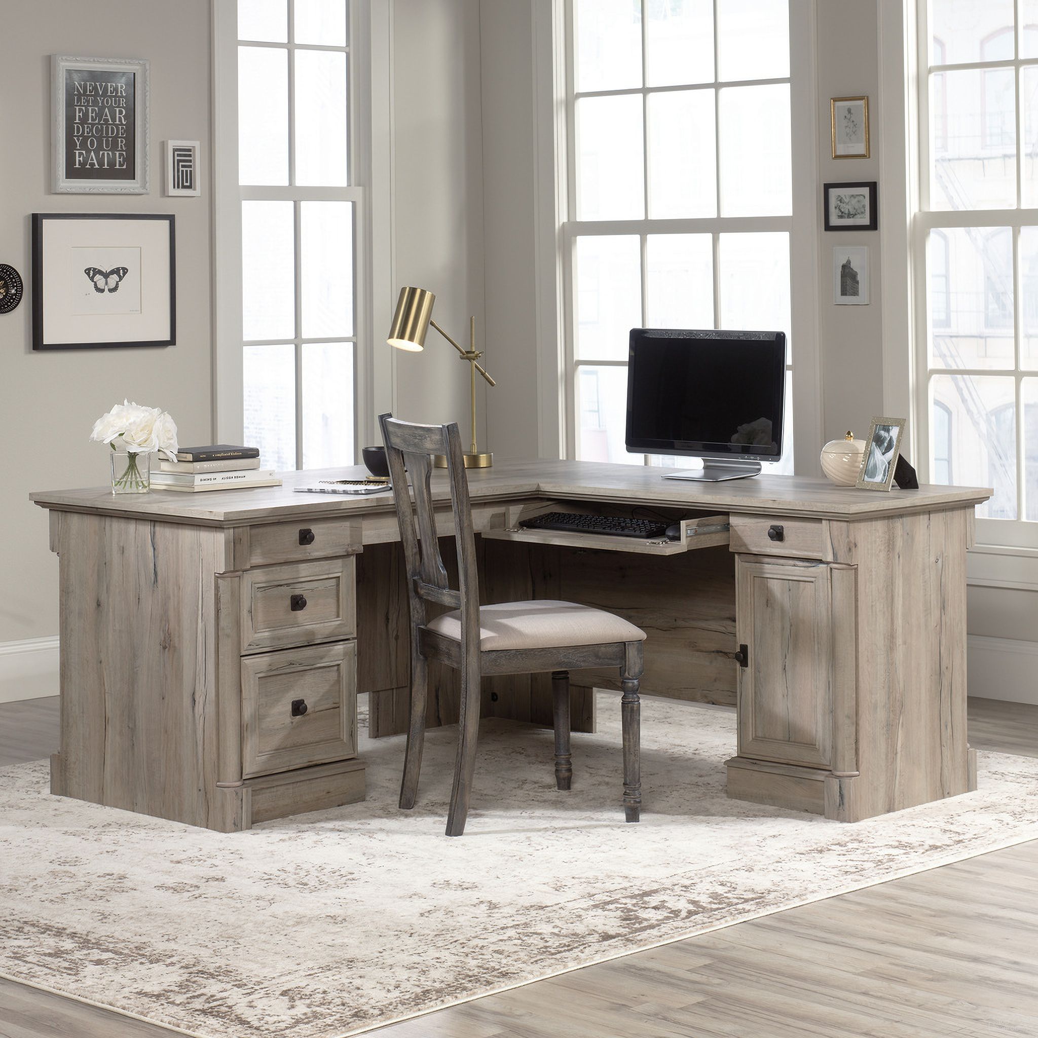 Palladia L-Shaped Desk In Split Oak by Sauder | 1StopBedrooms