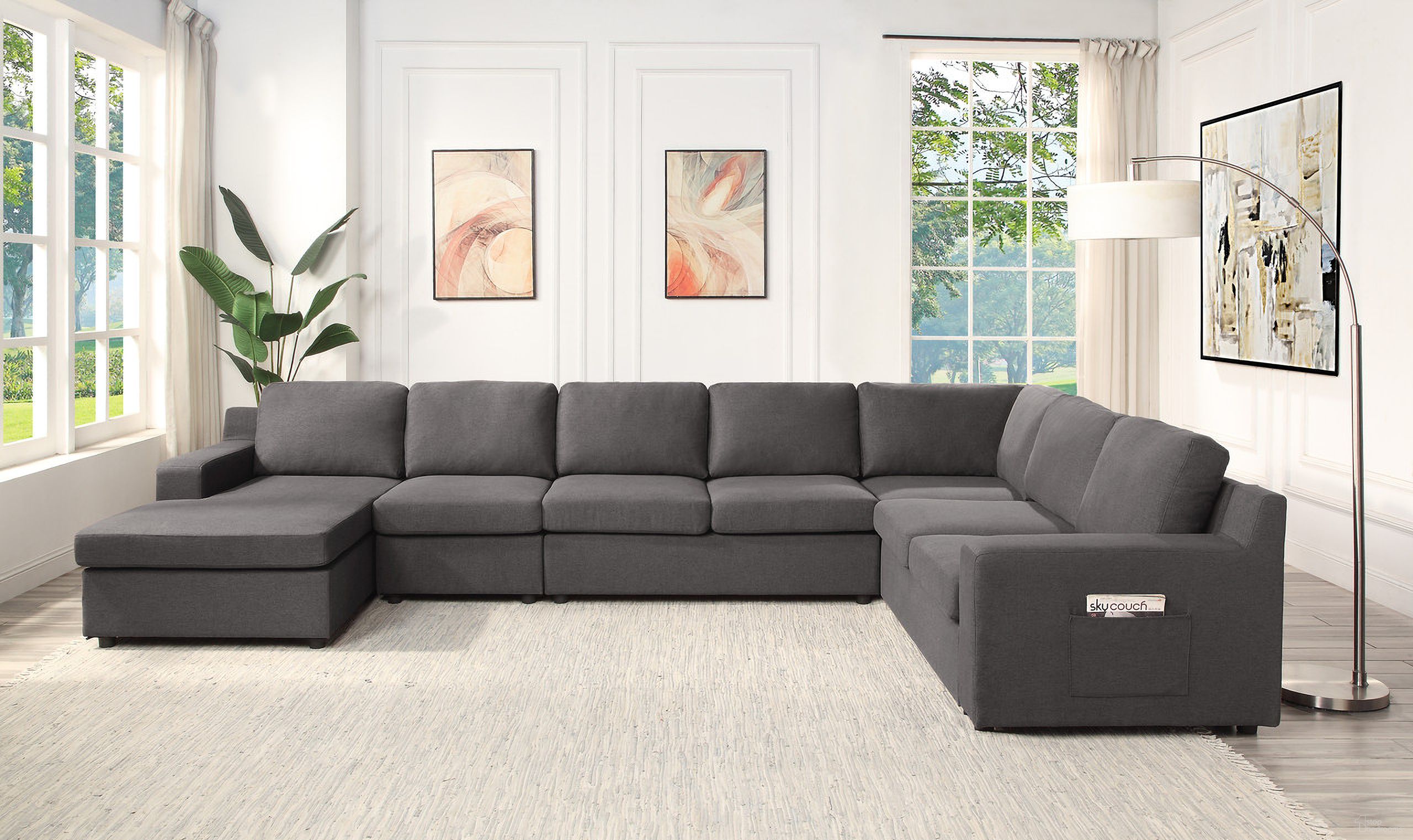 Waylon Gray Linen 7-Seater U-Shape Sectional Sofa Chaise With Pocket 81803-6 by Lilola Home ...